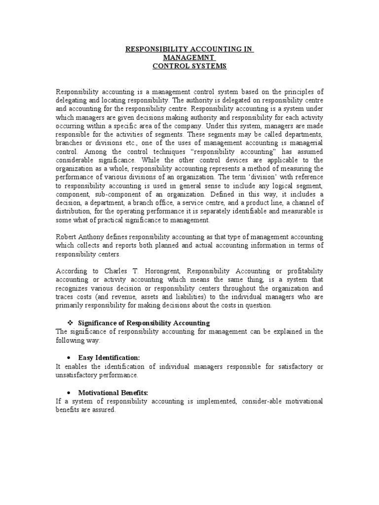 Responsibility Accounting in Mcs | PDF | Prices | Revenue