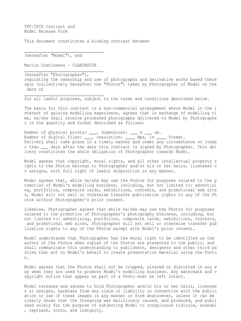 TFP Model Form | Download Free PDF | Photographer | Copyright