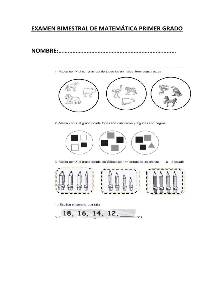 Examen Bimestral Primer Grado Matematica | PDF