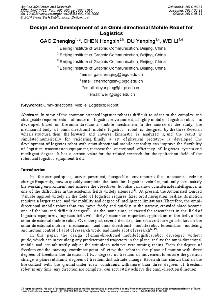 Design and Development of An Omni-Directional Mobile Robot For Logistics | PDF | Kinematics | Speed