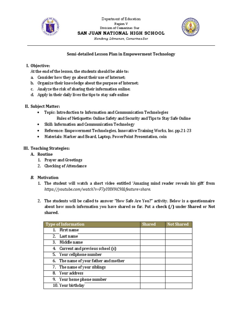 Online Safety Lesson Plan for High School Students | PDF | Internet ...