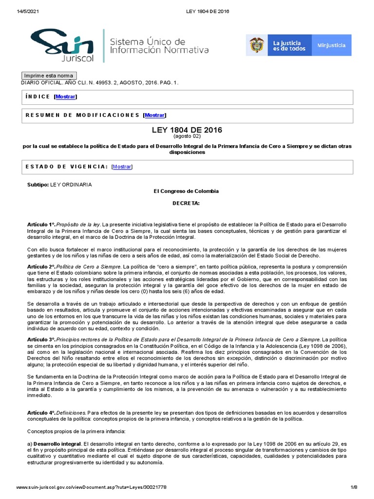 Ley 1804 de 2016 | PDF | Educación de la primera infancia | Estado (política)