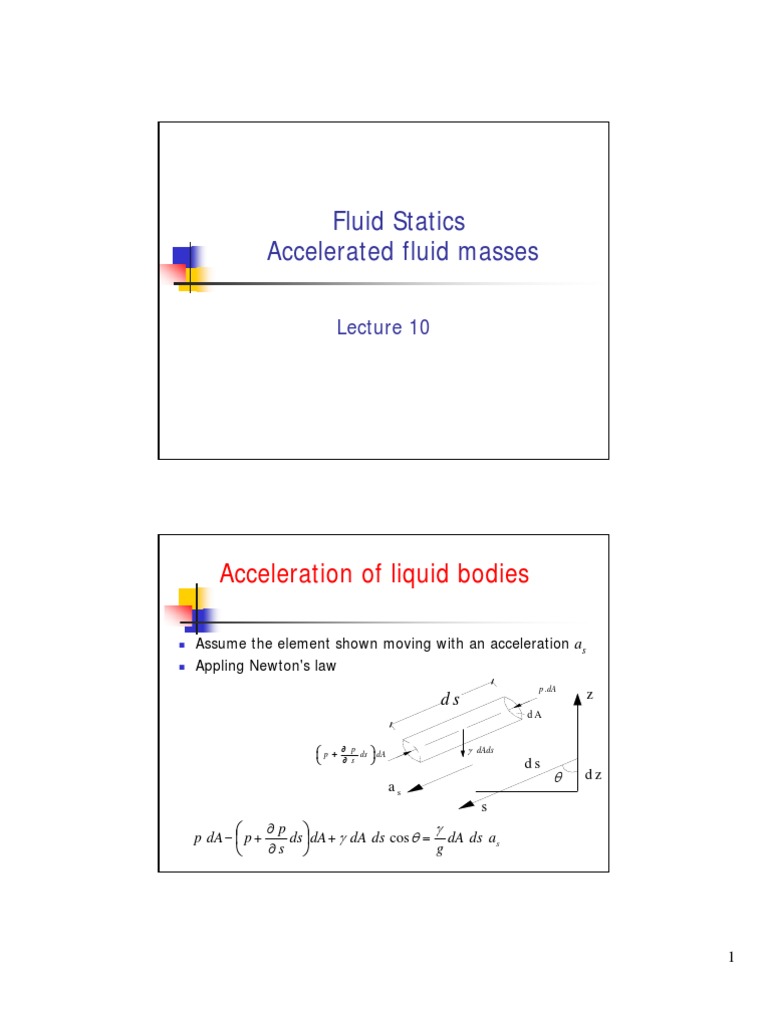 Fluid Statics Accelerated Fluid Masses: Acceleration of Liquid Bodies ...