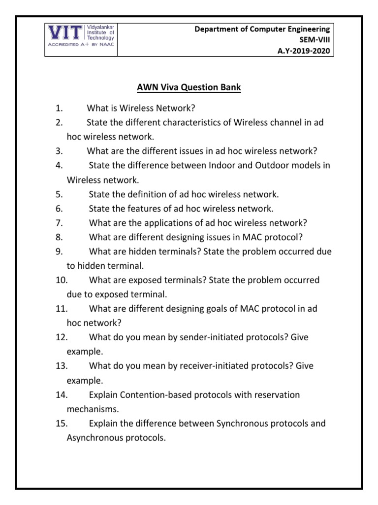 Viva Question Bank for Ad Hoc Wireless Networks: MAC Protocols, Routing ...