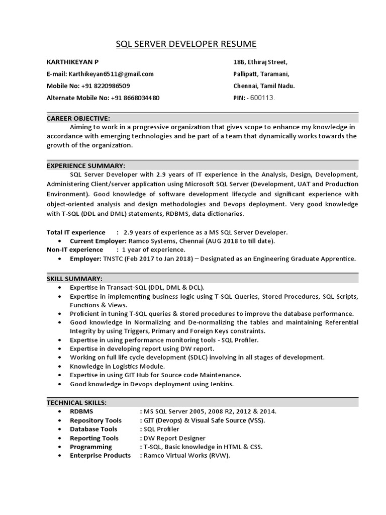 SQL Server Developer Resume: Karthikeyan P | Download Free PDF ...