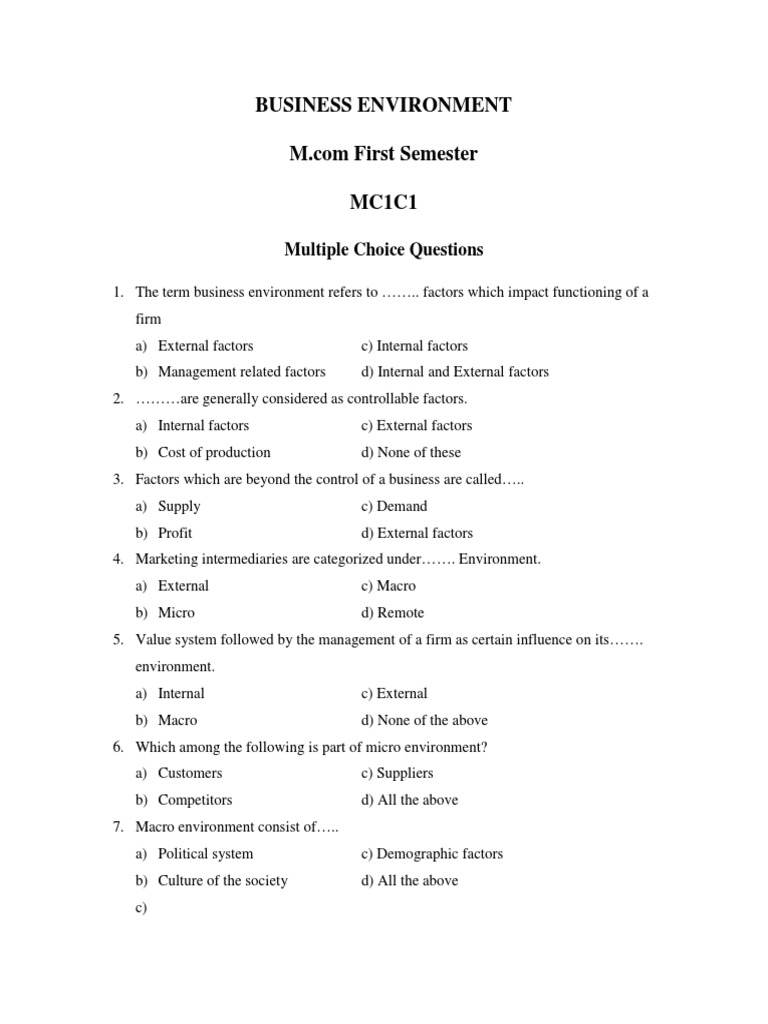MCQs on Business Environment for Class 12 | PDF | World Trade ...