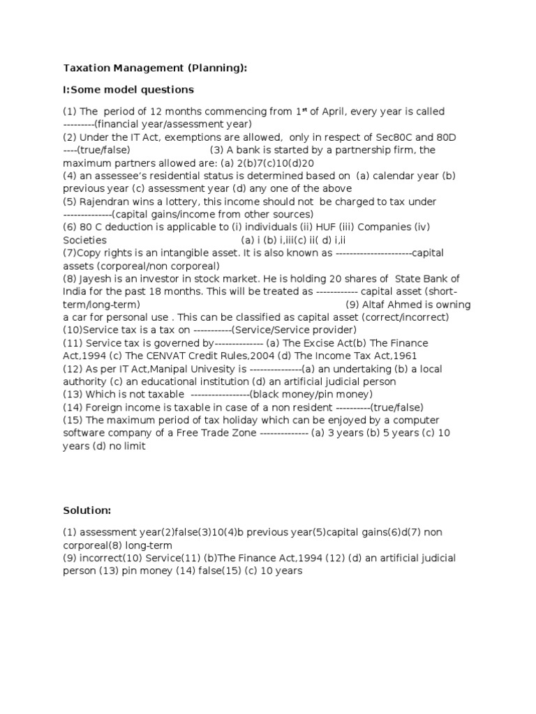 Taxation Management (Planning) : I:Some Model Questions | PDF | Expense ...