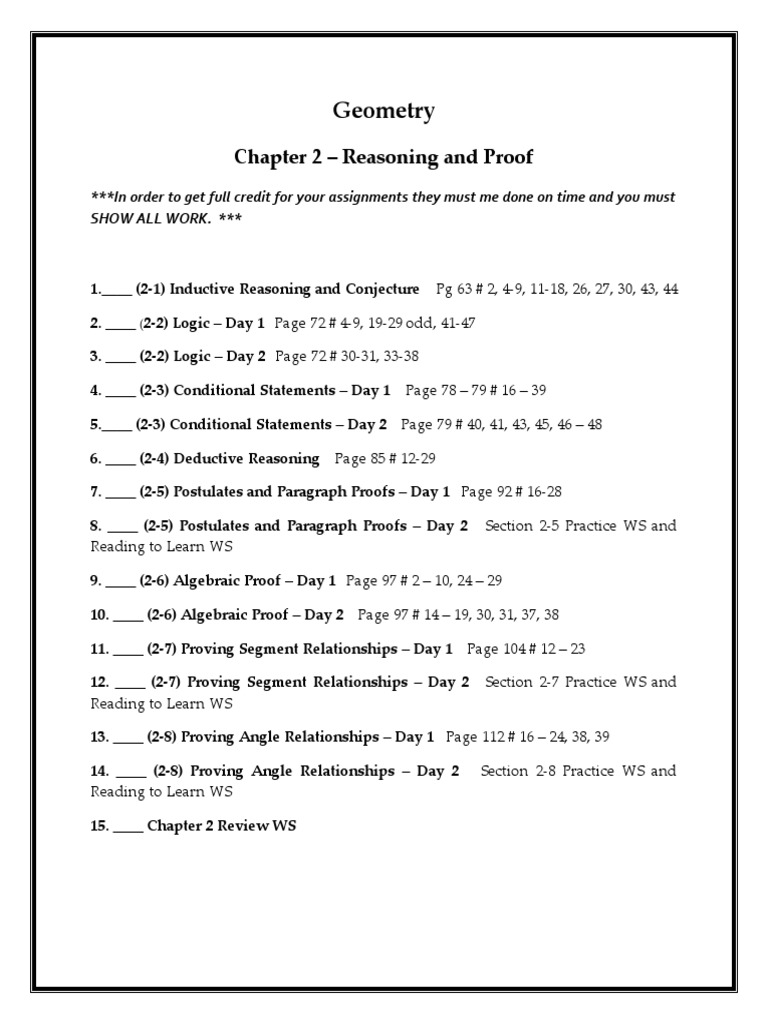 Unit 2 Reasoning and Proof Homework List | PDF