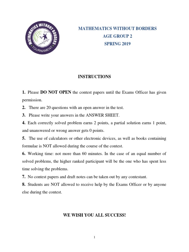 Mathematics Without Borders Age Group 2 SPRING 2019: Permission | PDF | Numbers | Teaching ...