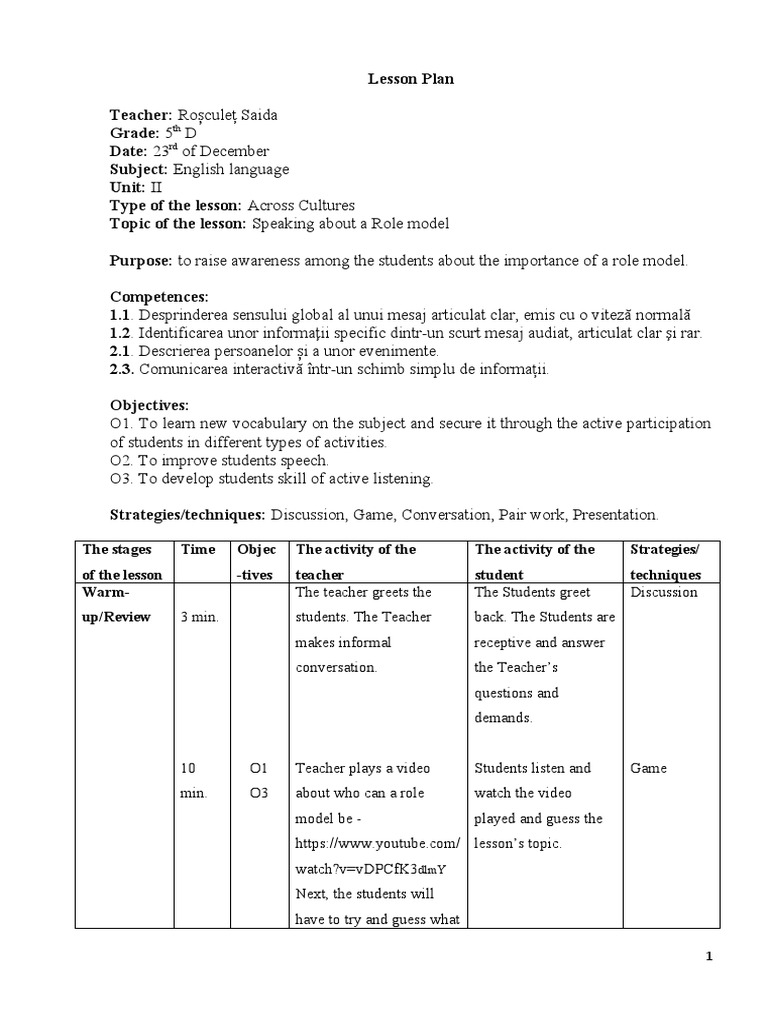 Role Model Lesson Plan for 5th Grade | PDF | Pedagogy | Human Nature