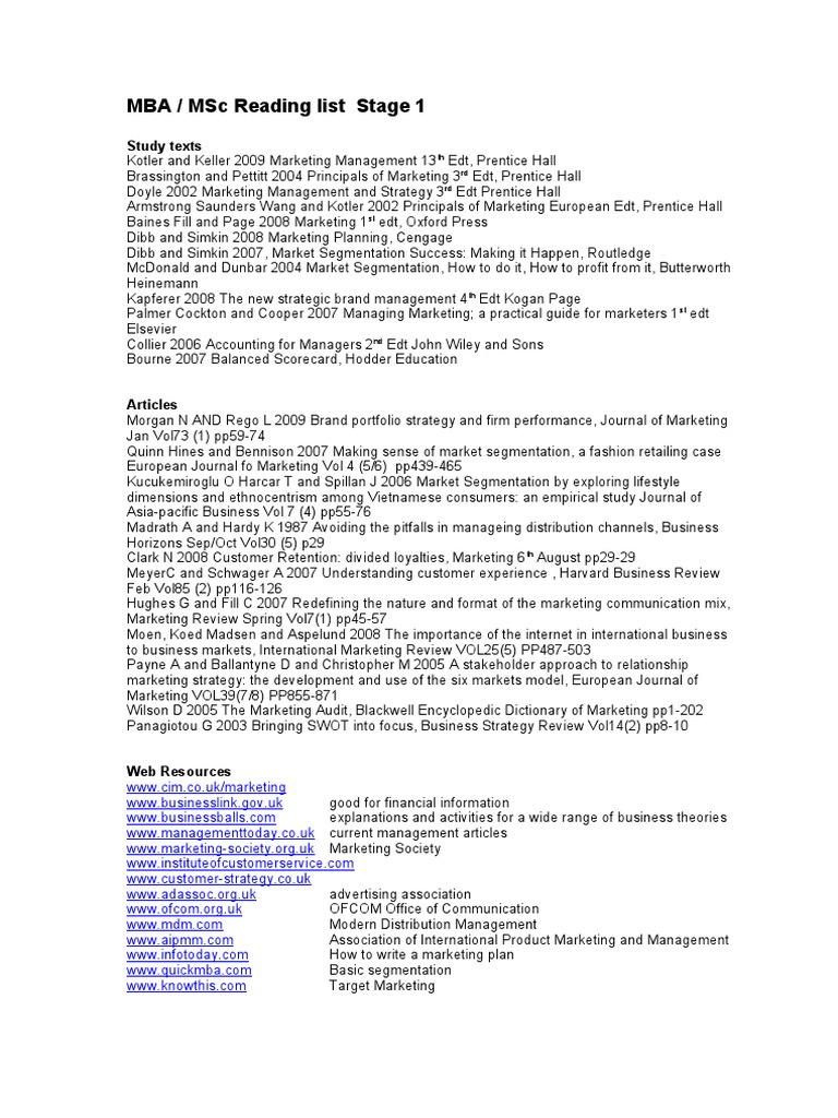MBA MKTG MGT Reading List | PDF | Marketing | Market Segmentation