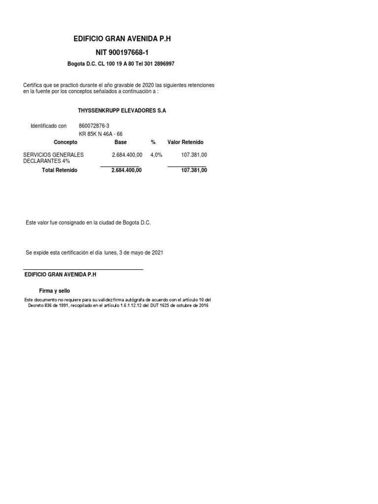 Certificado Retefuente Elevadores | PDF