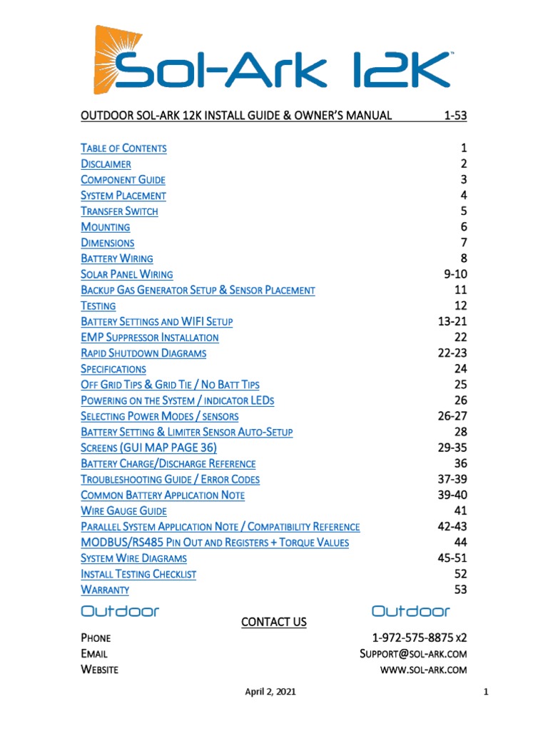 Sol-Ark 12K Outdoor Install Guide | PDF | Electrical Grid | Mains ...