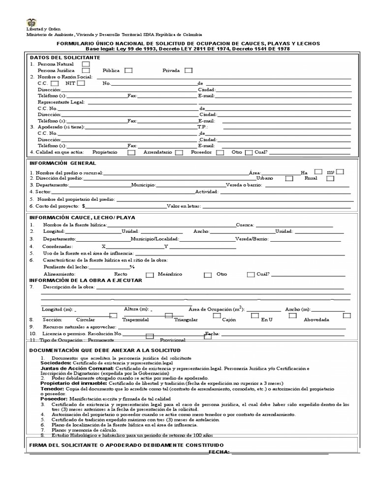 Formulario Unico Nacional MAVDT Ocupacion de Cauce | PDF