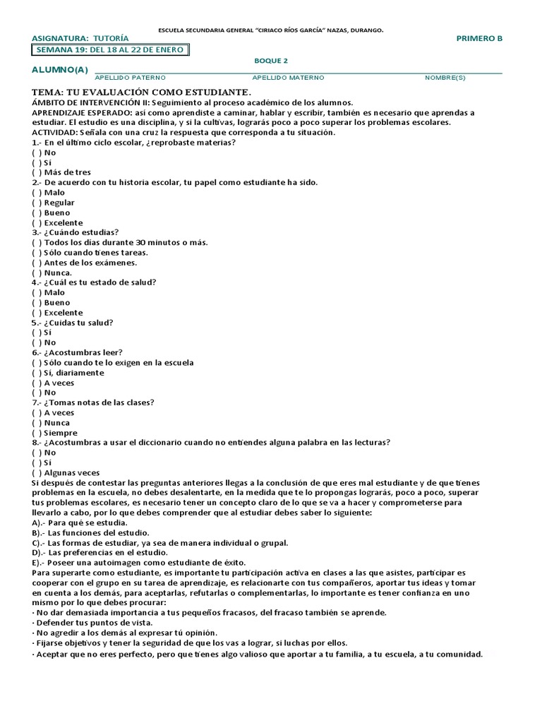 Tutoría y Educación Socioemocional - TU EVALUACIÓN COMO ESTUDIANTE ...