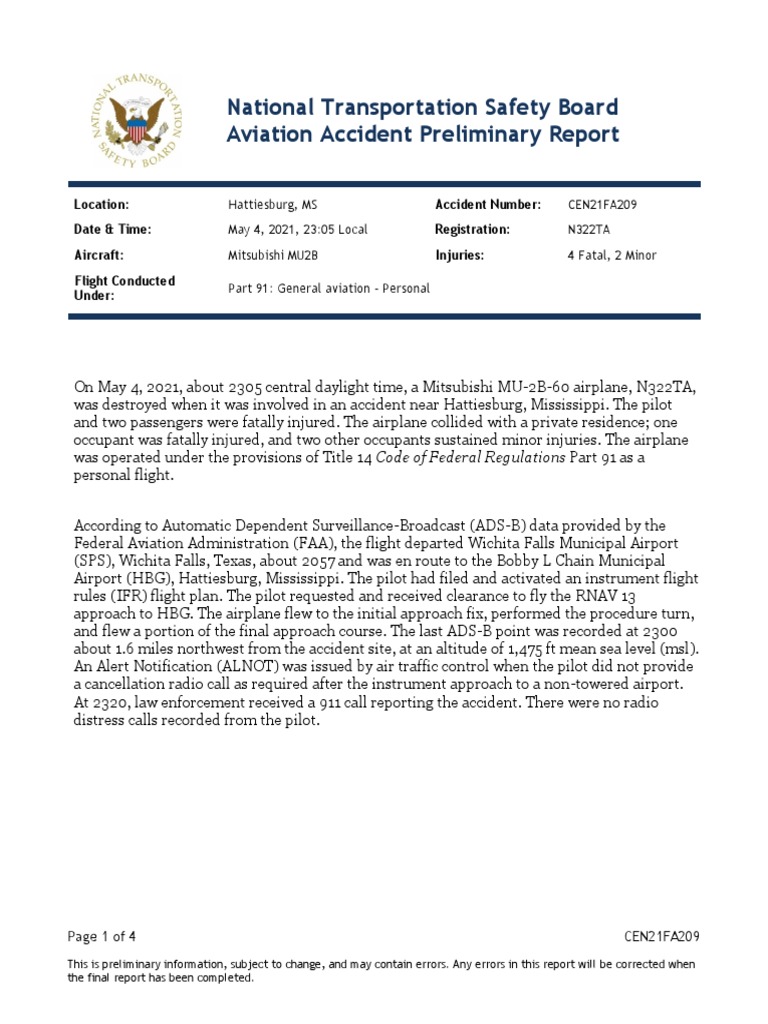 National Transportation Safety Board Aviation Accident Preliminary ...