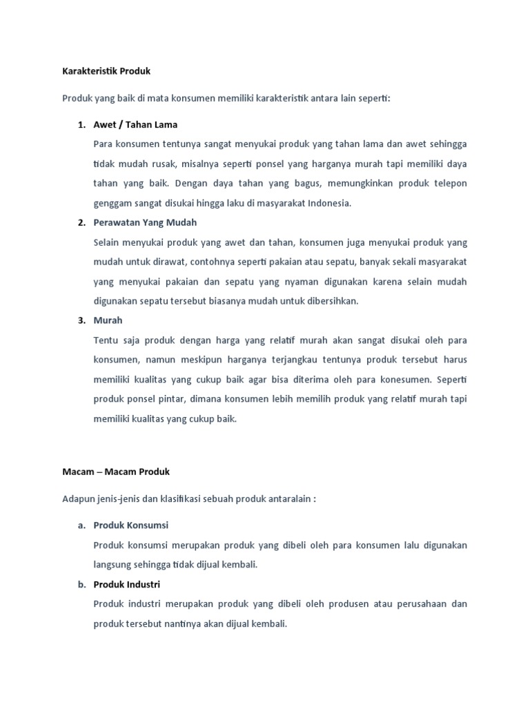 Karakteristik Produk & Macam Macam Produ | PDF