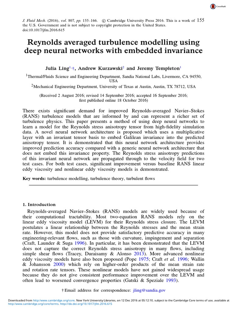 Reynolds Averaged Turbulence Modelling Using Deep Neural Networks With Embedded Invariance | PDF ...