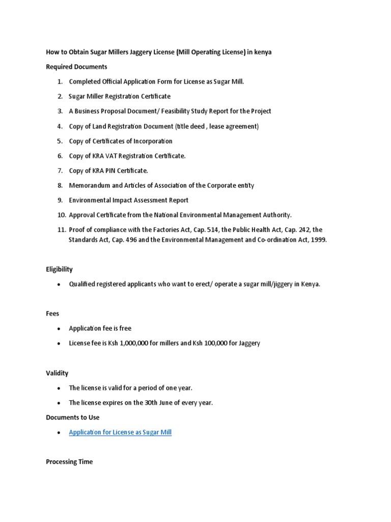 Kenya - Obtain Sugar Millers Jaggery License (Mill Operating License ...