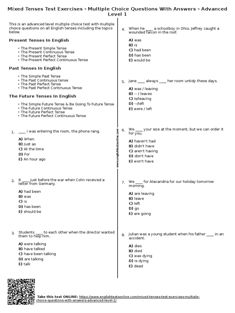 500 - Mixed Tenses Test Exercises Multiple Choice Questions With ...