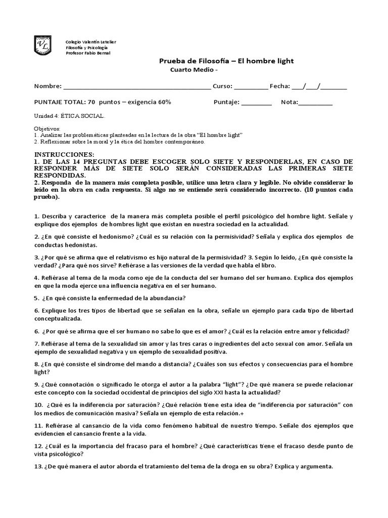 Control de Lectura El Hombre Light - Enrique Rojas | PDF | La ...