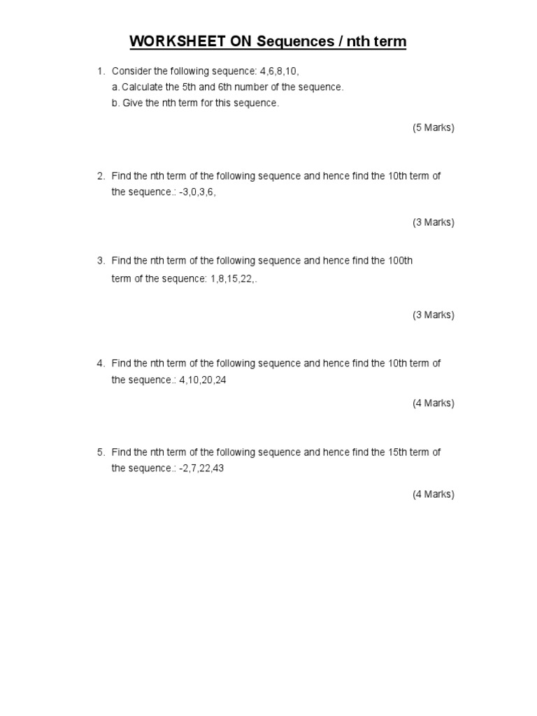 Worksheet On Finding The NTH Term | PDF