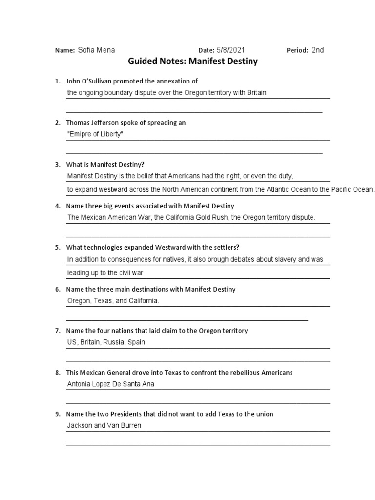 Guided Notes Manifest Destiny | PDF | Foreign Relations Of The United ...