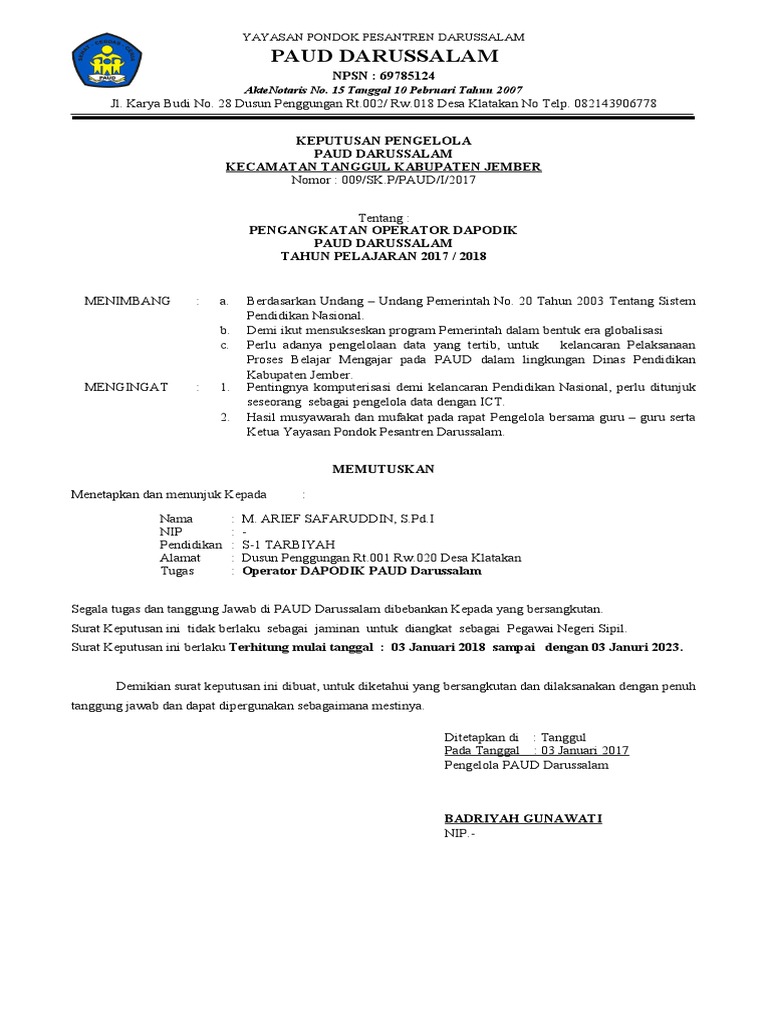 SK Operator PAUD | PDF