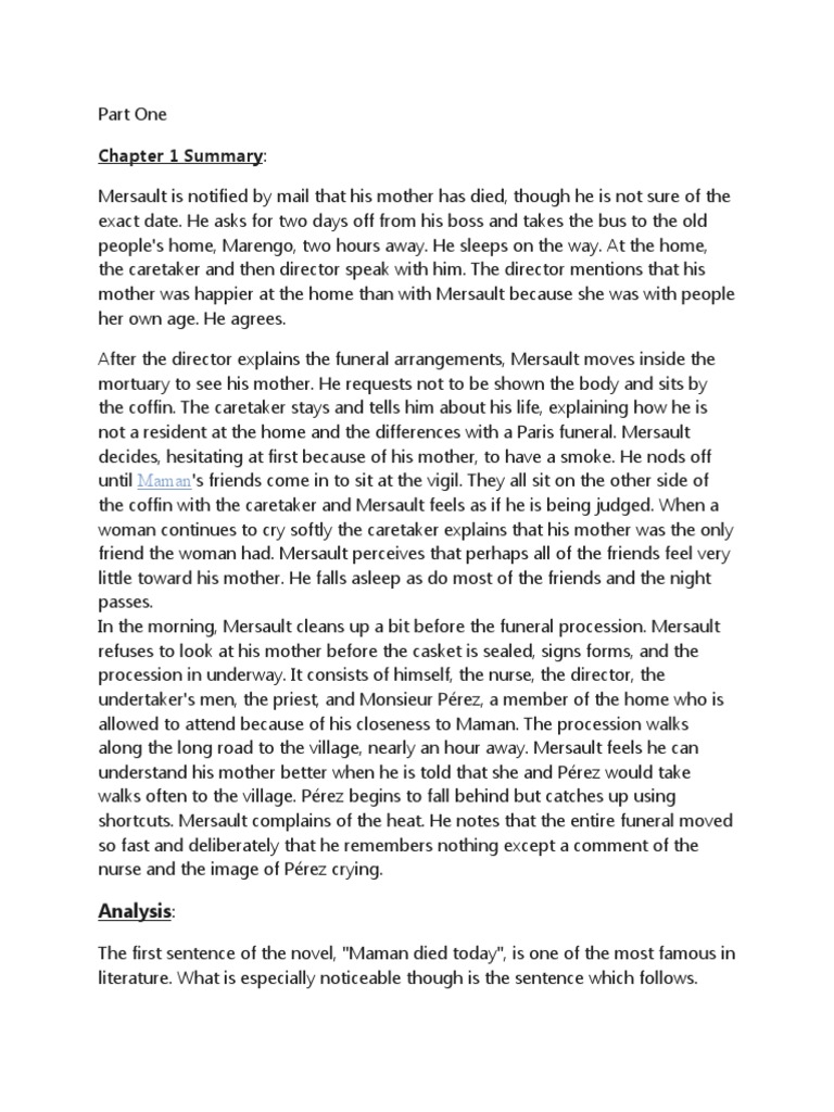 Summary of The Outsider, Chapters 1-2 | PDF | Albert Camus