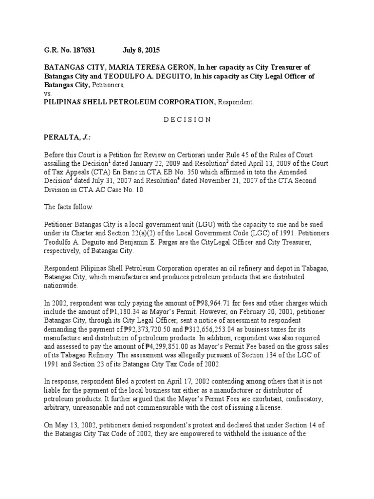 A. Batangas City Vs Pilipinas Shell Petroleum Corporation, G.R. No ...