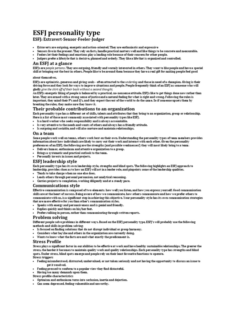 ESFJ Personality Type: An ESFJ at A Glance | PDF | Personality Type ...
