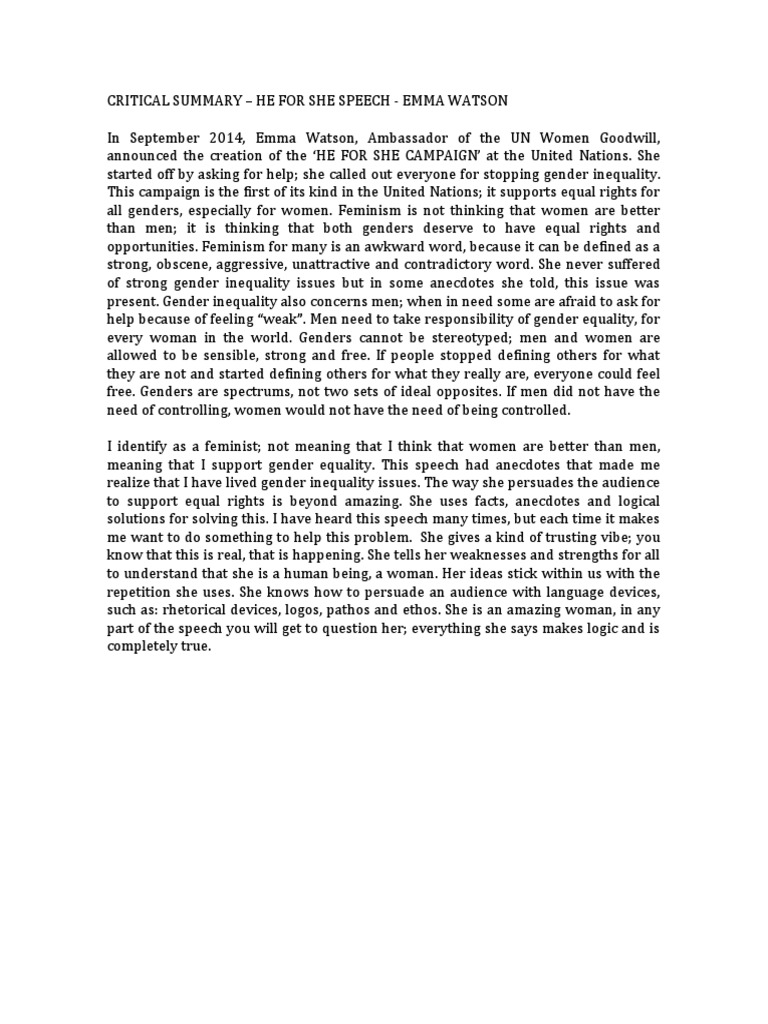 Critical Summary - He For She Speech | PDF