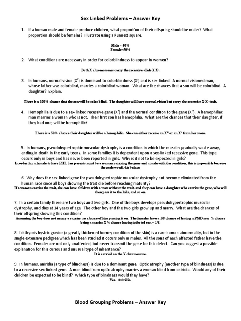 Sex-Linked and Blood Type Practice Problems KEY | PDF | Dominance (Genetics) | Genotype