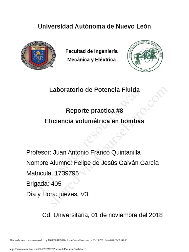 Practica 8 Potencia Fluida | PDF | Descarga (hidrología) | Bomba