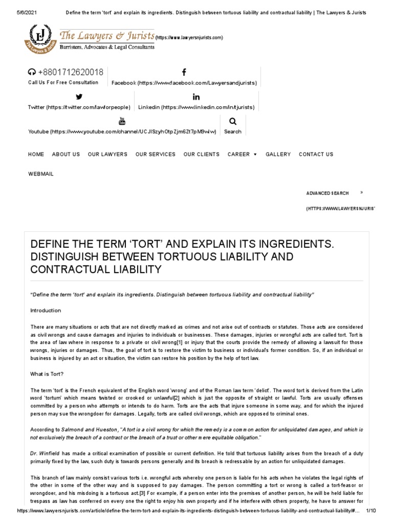 Define The Term Tort' and Explain Its Ingredients. Distinguish Between ...