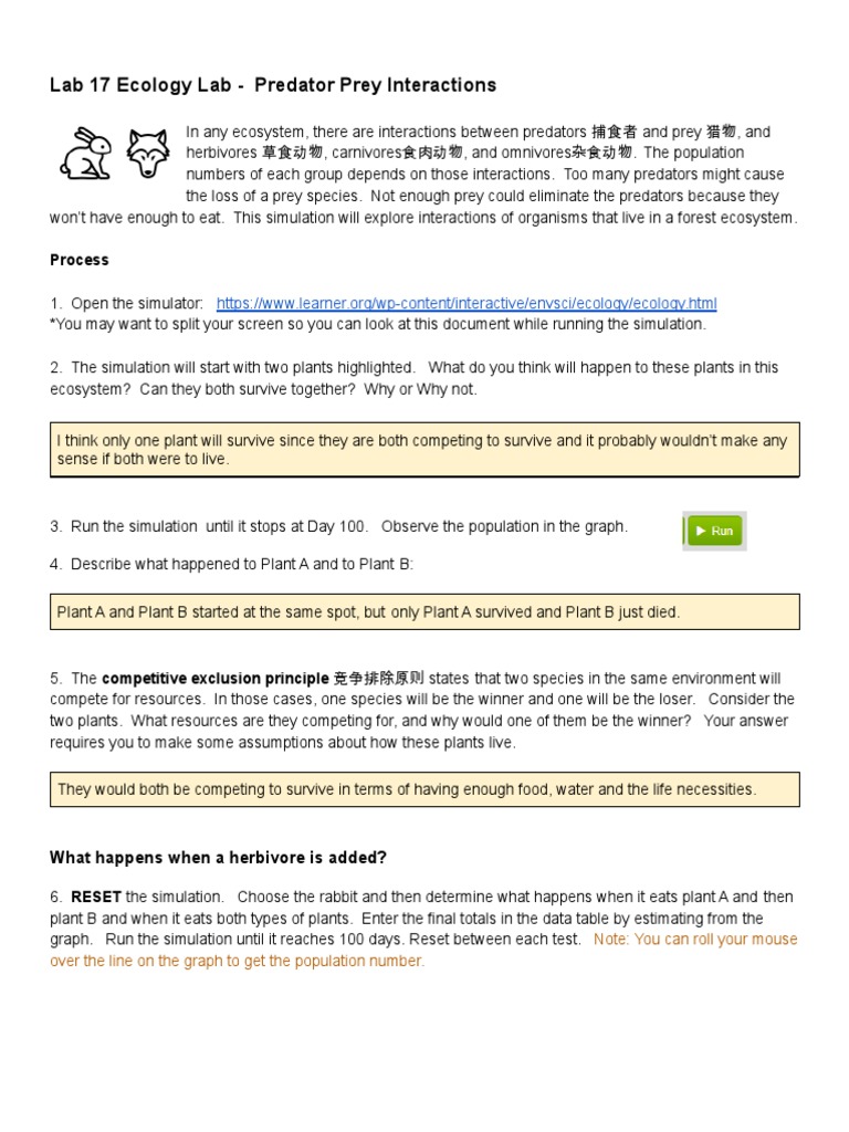FIONA ZHENG - Ecology Lab - Predator Prey Interactions | PDF ...