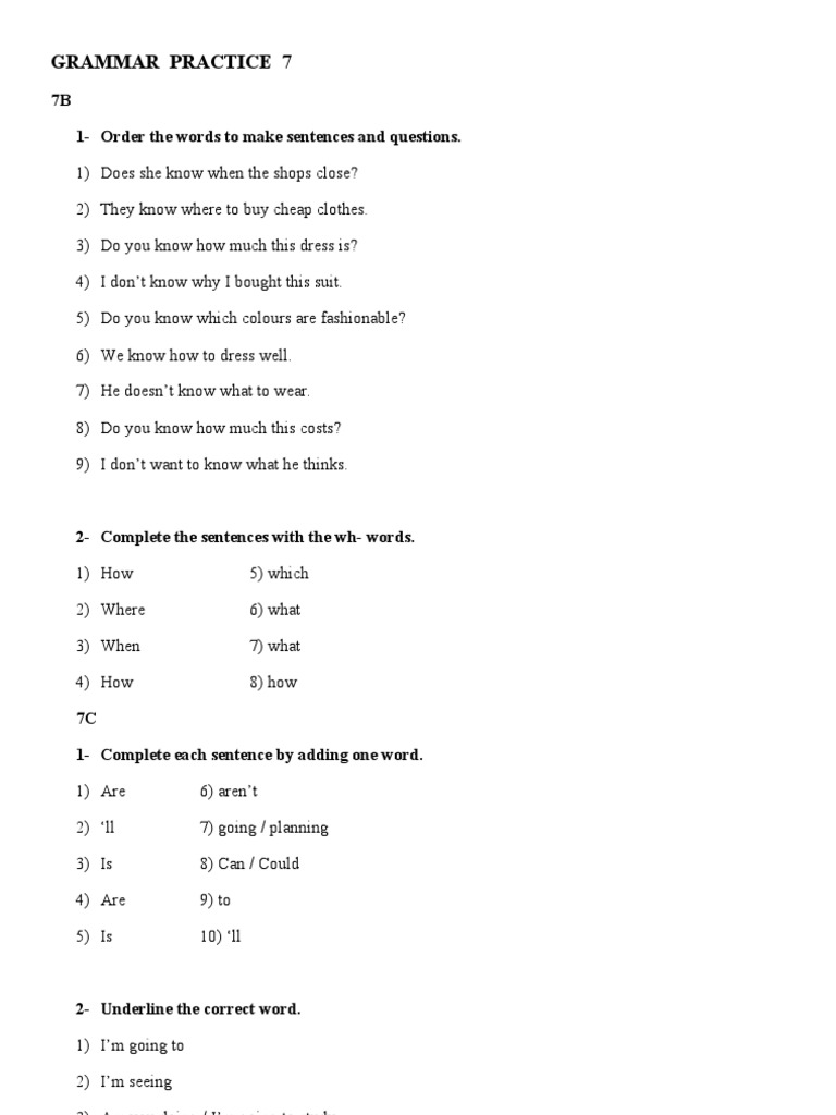 Grammar Practice 7 and Unit Review 8 KEY | PDF | Phrase | Syntax