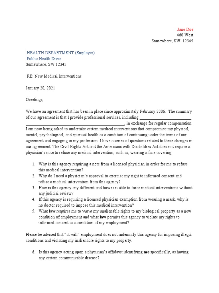 New Medical Interventions For Employment Letter | PDF | Clinical Trial ...