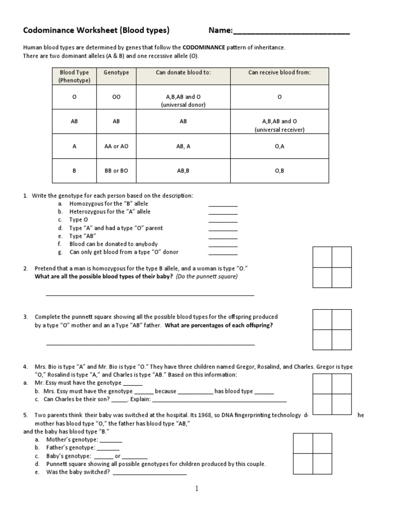Codominance Worksheet (Blood Types) Name | Download Free PDF ...