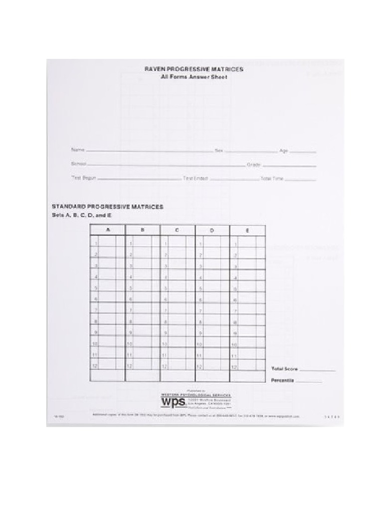 Raven Progressive Matrices Answer Sheet | PDF