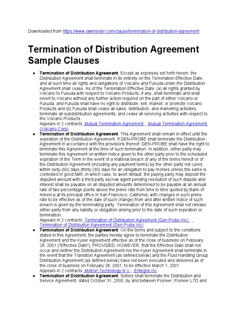Termination of Distribution Agreement Sample Clauses | PDF | Breach Of ...