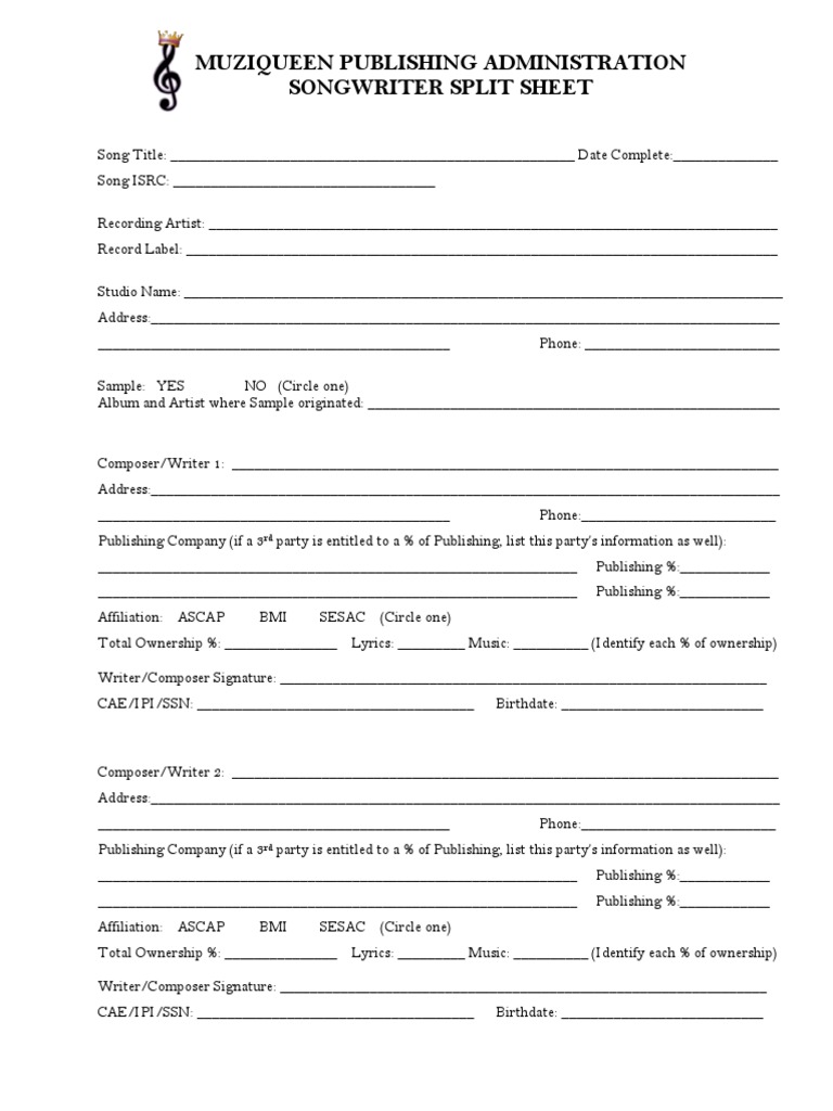 Songwriter Split Sheet Template | PDF | Cultural Economics | American Music