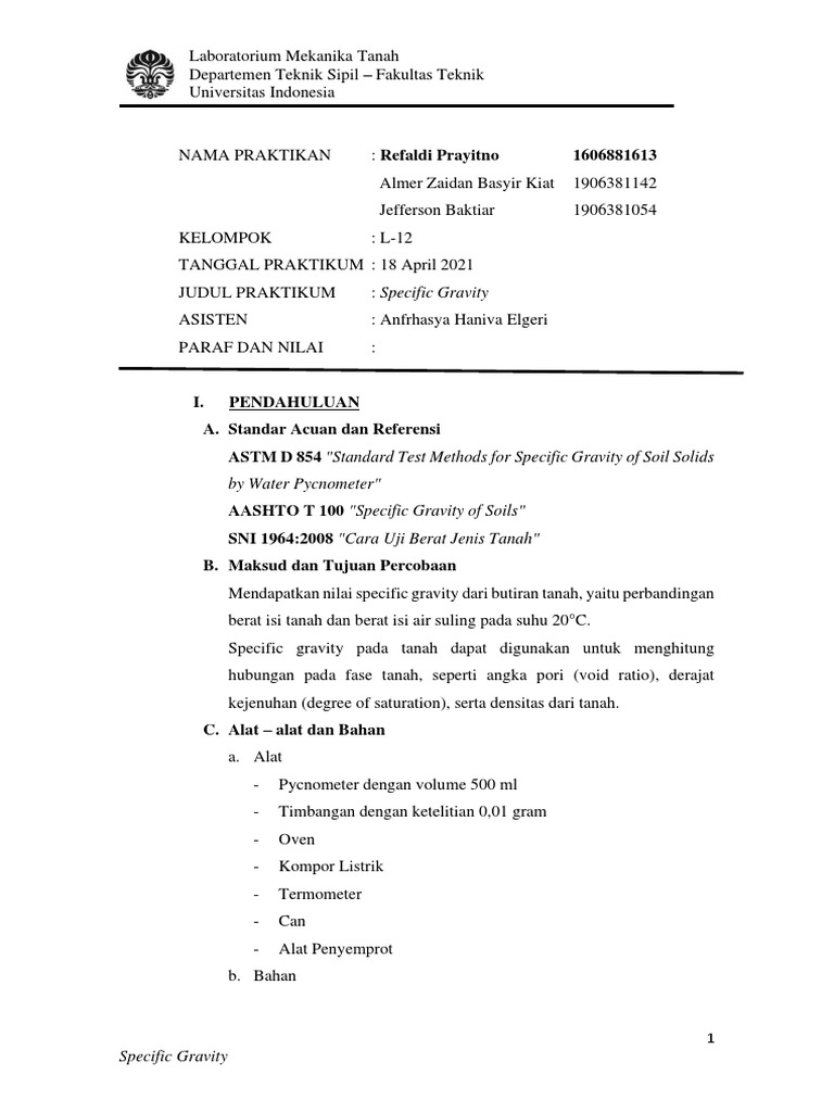 Laporan Specific Gravity - Refaldi Prayitno - 1606881613 | PDF