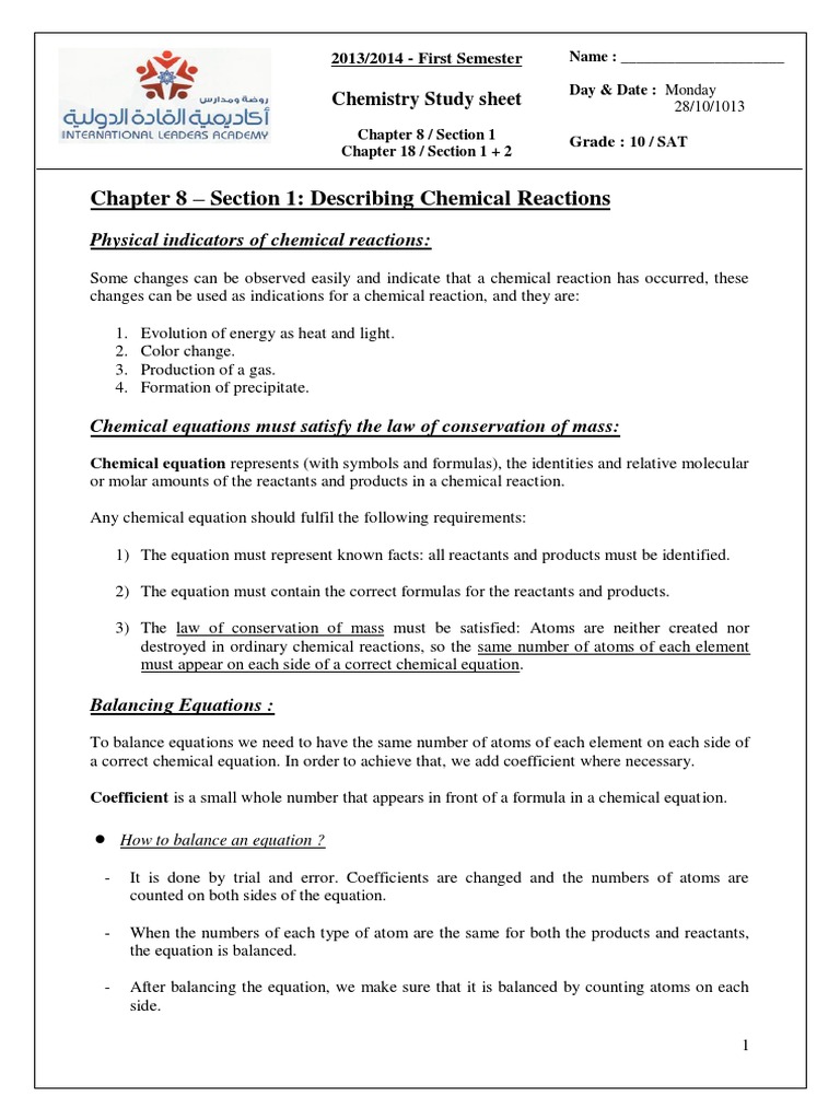 Chapter 8 - Section 1: Describing Chemical Reactions | PDF | Chemical ...