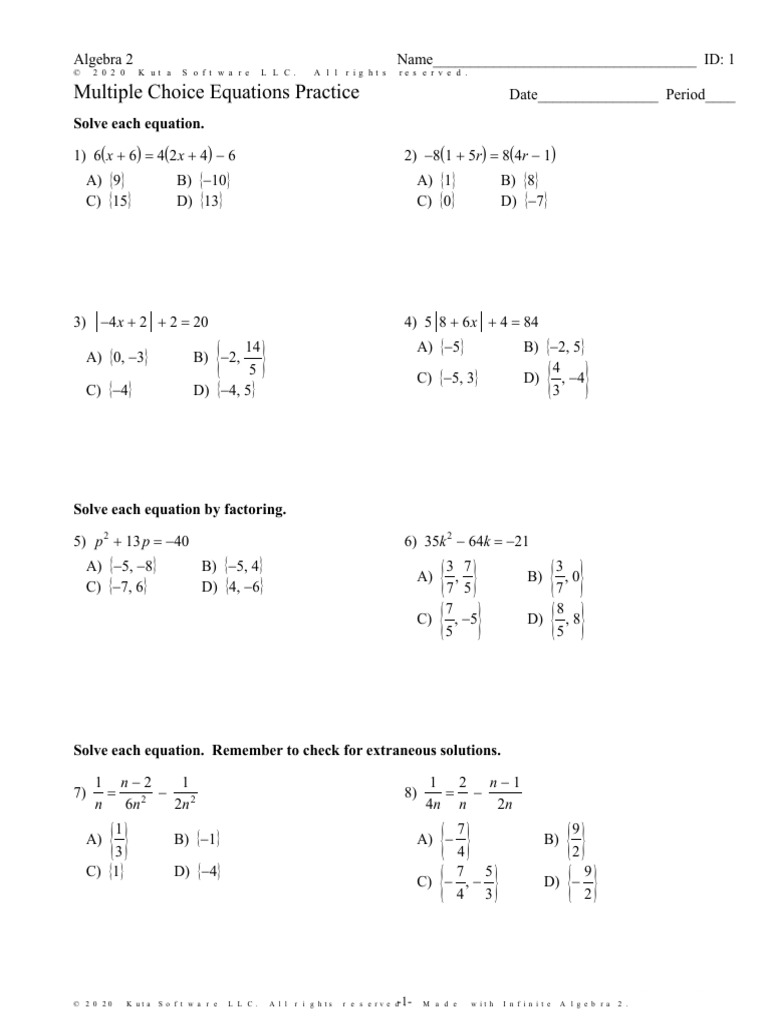 Multiple Choice Equations Practice | PDF | Quadratic Equation ...