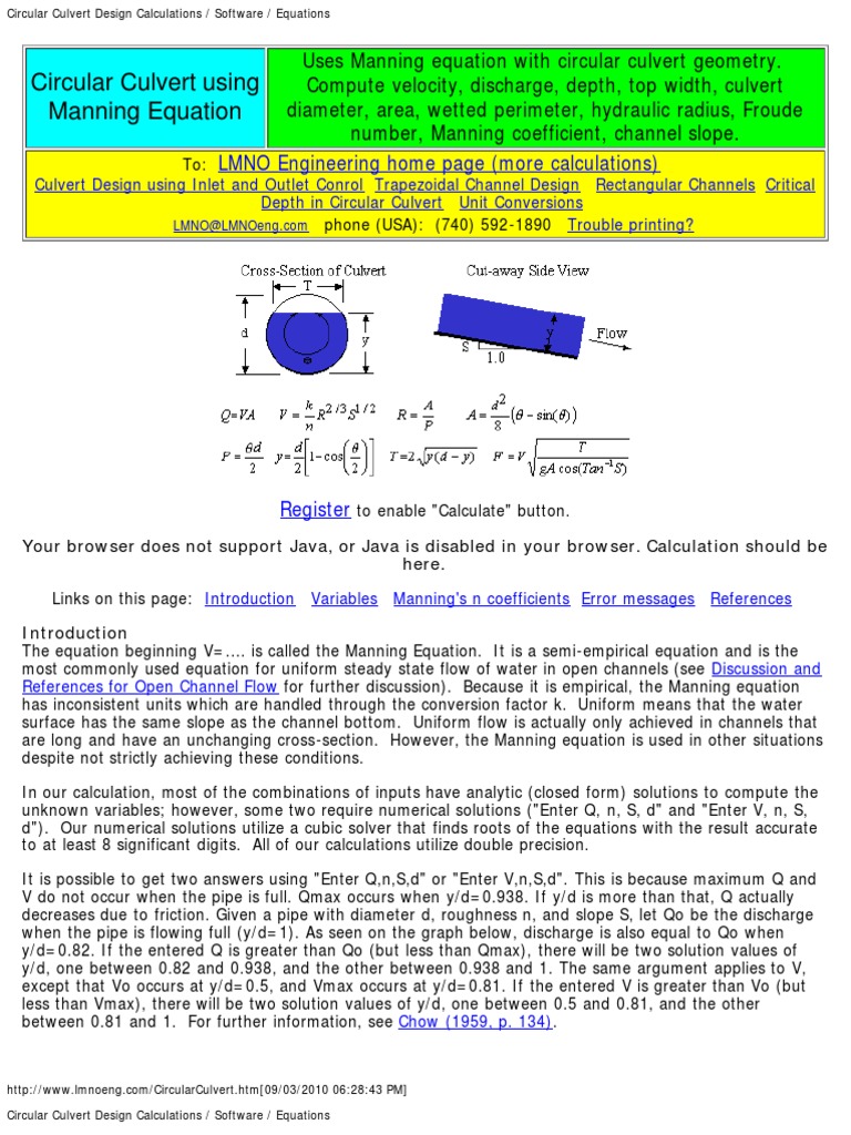 Circular Culvert Design Culvert Calculations - Software - Equations ...