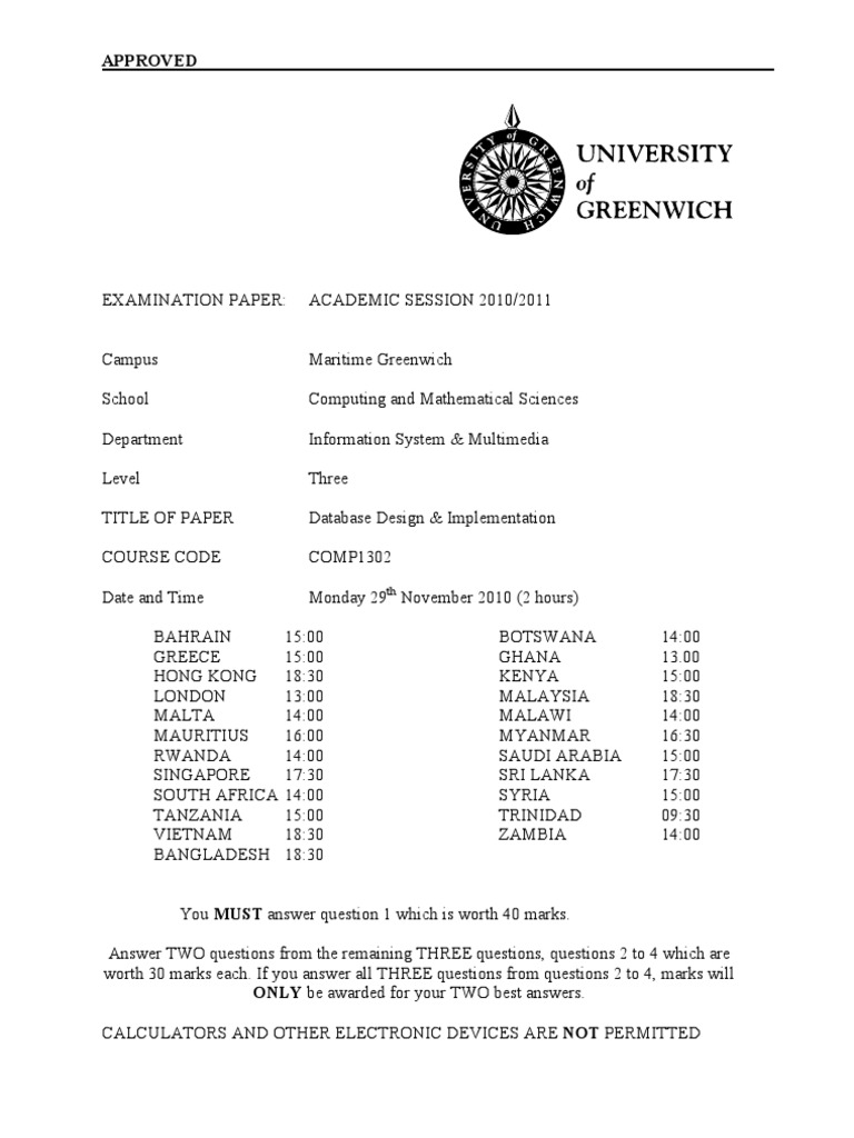 Database Design Exam Paper 2010/2011 | PDF | Relational Database ...