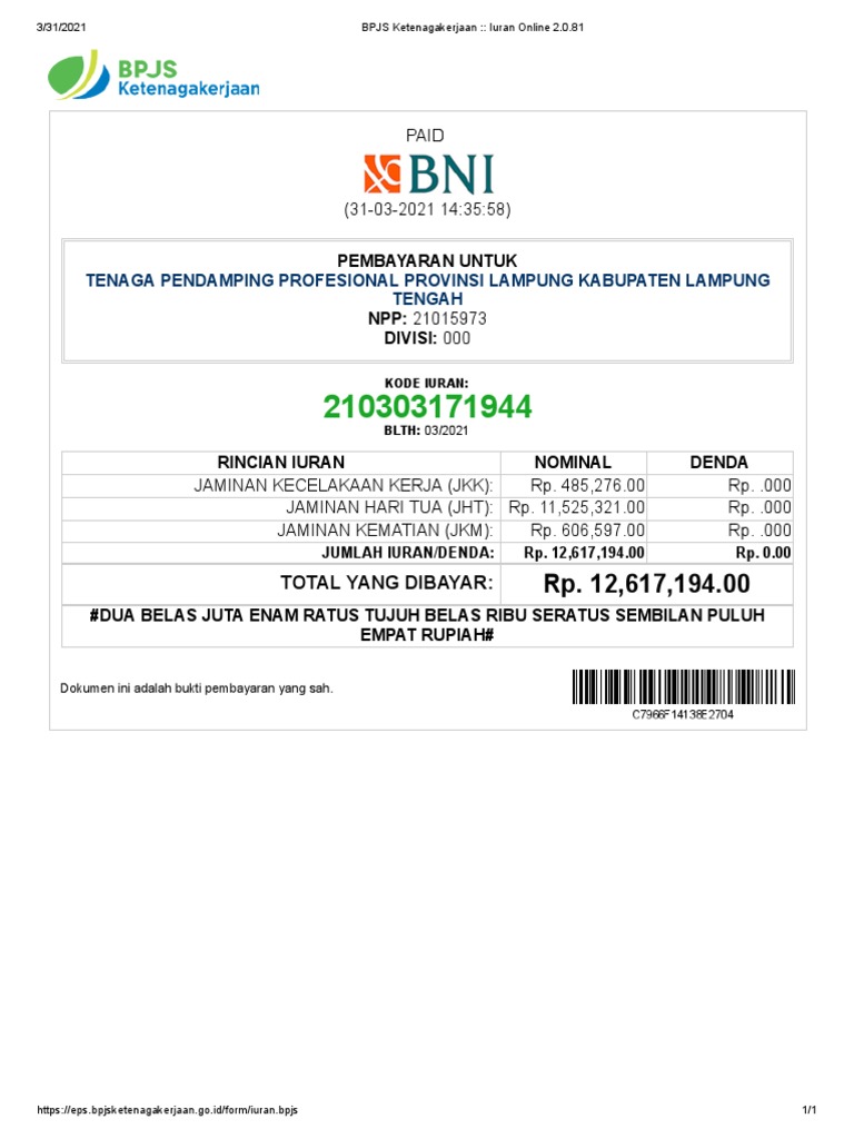 Bukti Bayar BPJS TK Maret 2021 Kab. Lamteng | PDF