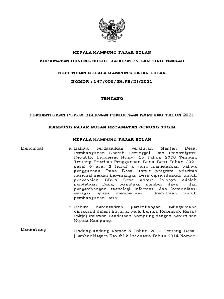 Draft SK POKJA RELAWAN PENDATAAN DESA | PDF