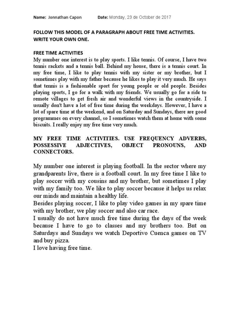 Follow This Model of A Paragraph About Free Time Activities. Write Your ...